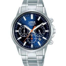 Lorus Chronograph Quarzuhr, Armbanduhr, Herrenuhr, Edelstahlarmband, Stoppfunktion, Tag silberfarben-blau Klassisch schöner Chronograph für Herren