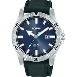 Lorus Solaruhr Armbanduhr, Herrenuhr, Silikonarmband, analog, Datum, Leuchtindizes schwarz-blau Stilvolle Solaruhr für Herren