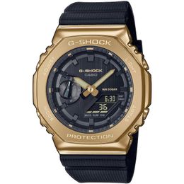 Casio G-SHOCK Chronograph Quarzuhr, Armbanduhr, Herrenuhr, digital, bis 20 bar wasserd.Resinarmband schwarz-goldfarben Topaktueller Herrenchronograph