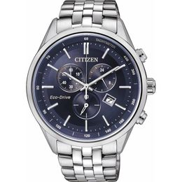 Citizen Chronograph Armbanduhr, Herrenuhr, Solar, Stoppfunktion, Edelstahlarmband silberfarben-dunkelblau Klassischer Herrenchronograph
