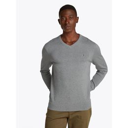 Tommy Hilfiger Strickpullover »ESSENTIAL COTTON V NECK mit V-Ausschnitt und Stickerei« unifarben, casual, regular fit, Baumwolle, V-Ausschnitt...