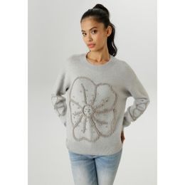 Aniston SELECTED Strickpullover vorne mit funkelnden Glitzersteinen verziert - NEUE KOLLEKTION hellgrau meliert 48 48 Pullover mit funkelnden...