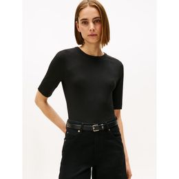 Tommy Hilfiger Damen Kurzarmshirt &raquo;SLIM 5X2 RIB C-NK 1/2 SLV mit Rundhals und Rippstruktur&laquo; unifarben, casual, slim fit, Viskosemix, Rundhals schwarz 