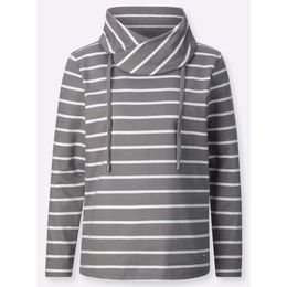 WITT Damen Sweatshirt mit &uuml;berlappendem Rollkragen, grau-wei&szlig;-geringelt, Gr&ouml;&szlig;e 38