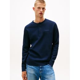 Henleyshirt Tommy Jeans "TJM WAFFLE SCRIPT HENLEY", Herren, Gr. S, blau (schwarz night navy), Single Jersey, Obermaterial: 100% Baumwolle, slim fit, Rundhals, B&uuml;ndchen, Shirts Henleyshirt, Rundhals, slim fit, mit feiner Struktur