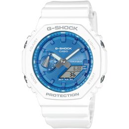 Casio G-SHOCK Chronograph Quarzuhr, Armbanduhr, Herrenuhr, digital, bis 20bar wasserd.Resinarmband wei&szlig;-jeansblau Exquisiter Chronograph
