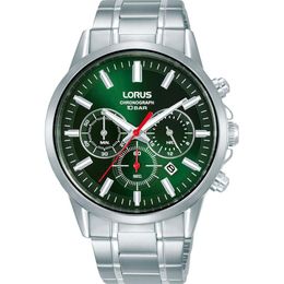 Lorus Chronograph Quarzuhr, Armbanduhr, Herrenuhr, Edelstahlarmband, Stoppfunktion, Tag silberfarben-grün Klassisch schöner Chronograph für Herren