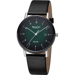 Regent Uhren REGENT Solaruhr Armbanduhr, Herrenuhr, Damenuhr, Datum, Lederarmband schwarz-smaragdgr&uuml;n Klassische Armbanduhr