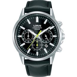 Lorus Chronograph Quarzuhr, Armbanduhr, Herrenuhr, Lederarmband, Stoppfunktion, Tag schwarz-schwarz Klassisch schöner Chronograph für Herren