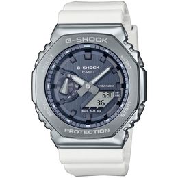 Casio G-SHOCK Chronograph Quarzuhr, Armbanduhr, Herrenuhr, digital, bis 20 bar wasserd.Resinarmband weiß-graublau Imposanter Chronograph für Herren