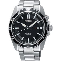 Seiko Kineticuhr Armbanduhr, Herrenuhr, Datum, Edelstahlarmband silberfarben-schwarz Klassisch schöne Kineticuhr für Herren