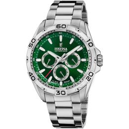 Festina Multifunktionsuhr Armbanduhr, Quarzuhr, Herrenuhr, Edelstahlarmband, bis 10bar wasserd. silberfarben-gr&uuml;n, silberfarben Klassisch sch&ouml;ne...