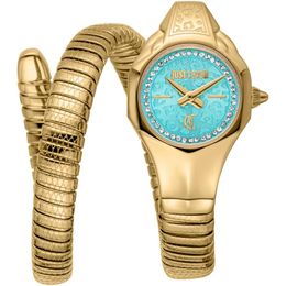 JUST cavalli time Quarzuhr »Fiore« Armbanduhr, Damenuhr, Edelstahlarmband, analog, Kristallsteine goldfarben-hellblau Exquisite Damenarmbanduhr