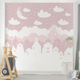 Bilderwelten Fototapete Textiltapete Stofftapete - nahtlose Tapete | Sternenhimmel mit H&auml;usern und Mond in rosa