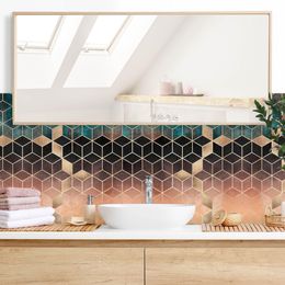 Wandverkleidung Bad T&uuml;rkis Ros&eacute; goldene Geometrie II