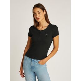 Tommy Jeans Damen T-Shirt "TJW SLIM BUTTON RIB C-NECK SS", schwarz, Gr. M, unifarben, Rippware, Obermaterial: 100% Baumwolle, Shirts, mit Knöpfen