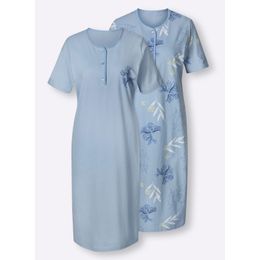 Ascafa Damen Nachthemden im Doppelpack, floraler Print, hellblau + hellblau-bedruckt, Gr&ouml;&szlig;e 40/42