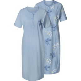 Ascafa Damen Nachthemden im Doppelpack, floraler Print hellblau + hellblau-bedruckt, Gr&ouml;&szlig;e 44/46