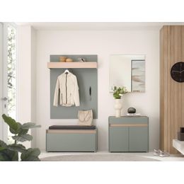 Garderoben-Set Inosign "GIRON/CiTY, moderne Garderobe, Komplettset mit viel Stauraum", grün, B:190cm H:200cm T:40cm, Holzwerkstoff, Kastenmöbel-Sets, enthält Kommode, Spiegel, Paneel & Schuhbank +Sitzkissen, 190 cm breit