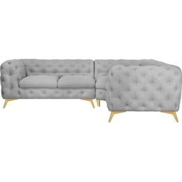 Chesterfield-Sofa LEONIQUE "Ecksofa GLYNIS L-Form mit Wellenunterfederung, Maße B/T/H 264/204/75cm", grau, B:264cm H:75cm T:204cm, Struktur (100% Polyester);Samtoptik (100% Polyester), Sofas, aufwändige Knopfheftung, moderne Chesterfield Optik, Fußfarbe wählbar