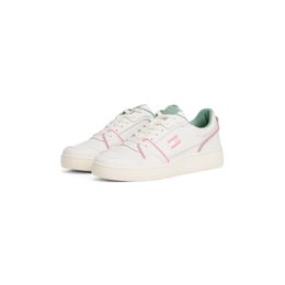 Plateausneaker Tommy Jeans "TJW RETRO BASKET SNEAKER", Damen, Gr. 35, weiß (weiß, rosa), Leder, kontrastfarbene Details, Sportlich, Schuhe, Freizeitschuh, Halbschuh, Schnürschuh mit geprägter Logoflagge