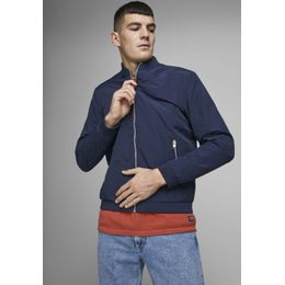 Jack & Jones Bomberjacke JACK & JONES "JJERUSH mit geripptem Kragen und Taschen", Herren, Gr. L, blau (navy), Web, Obermaterial: 100% Polyester, Modisch, normal normal, Bündchen, Jacken, unifarben, modisch, regular fit, Polyester, Rundhals