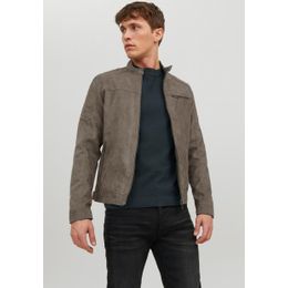 Jack & Jones Lederimitatjacke JACK & JONES "JJEROCKY in Kunstlederoptik mit Reißverschlusstaschen", Herren, Gr. XS, grün (falcon), Web, Obermaterial: 100% Polyester, unifarben, Modisch, normal, Jacken, unifarben, modisch, regular fit, Lederimitat