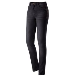 WITT Damen 5-Pocket-Jeans mit Rei&szlig;verschluss und Lederimitat-Anh&auml;nger, black denim, Gr&ouml;&szlig;e 92