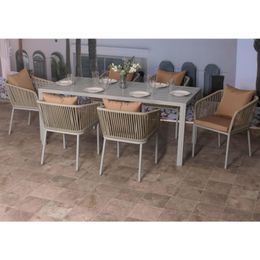 Gartengarnitur MCW-N41, Tisch+6xStuhl, wetterfest Alu 180x80cm, Seilgeflecht Rope ~ grau Kissen taupe