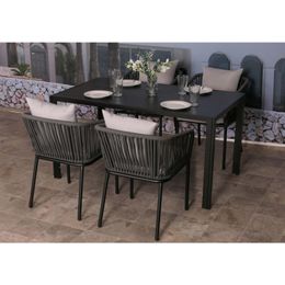 Gartengarnitur MCW-N41, Tisch+4xStuhl, wetterfest Alu 140x80cm, Seilgeflecht Rope ~ anthrazit Kissen grau