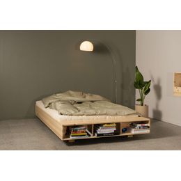 Stauraumbett Karup Design "Merge Bed Bettgestell m. integrierter Bank m. Stauraum, mehrere Größen", beige (natur), B:184cm H:32,5cm L:227cm, Betten, Stauraumbett, inkl. Lattenrost, excl. Matratze, FSC-zertifiziertes Massivholz