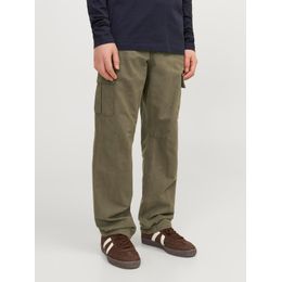 Jack & Jones Cargohose JACK & JONES JUNIOR "JPSTKANE praktisch, pflegeleicht, lässig", Jungen, Gr. 140, N-Gr, grün (olive night), Web, Obermaterial: 100% Baumwolle, unifarben, relaxed fit knöchellang, Hosen, unifarben, modisch, relaxed fit, Web