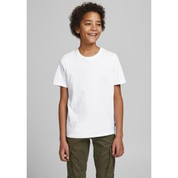 Jack & Jones Rundhalsshirt JACK & JONES JUNIOR "JJEORGANIC figurbetont, atmungsaktiv, kombinierbar", Jungen, Gr. 128 (134), weiß, Jersey, Obermaterial: 100% Baumwolle, unifarben, slim fit normal, Rundhals, Shirts, unifarben, casual, slim fit, Jersey, Rundhals