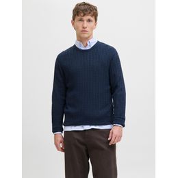 Jack & Jones Strickpullover JACK & JONES "JJEEMIL KNIT CABLE CREW NECK NOOS", Herren, Gr. XL, navy blazer, Strick, Obermaterial: 60% Baumwolle, 20% Nylon, 20% Viskose, unifarben, regular fit hüftlang, Rundhals, Bündchen, Pullover