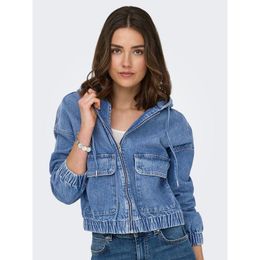Only Damen Only Jeansjacke &raquo;ONLKENZIE &ndash; Jeansblouson mit Kapuze und Rei&szlig;verschluss&laquo; mit Kapuze unifarben, modisch, regular fit, Denim, Kapuze blau L