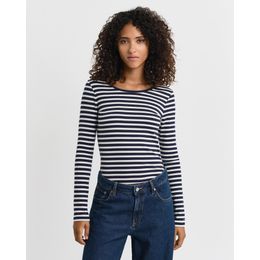 Langarmshirt Gant "SLIM STRIPED 1X1 RIBBED LS T-SHIRT", Damen, Gr. L, blau (evening blau), Rippware, Obermaterial: 95% Baumwolle, 5% sonstige Fasern, Casual, slim fit, Rundhals, Shirts