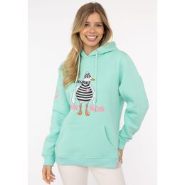 Hoodie Zwillingsherz ""Moin Moin Möwe"", Damen, Gr. SM (S/M), grün (mint), Sweatware, Obermaterial: 50% Baumwolle, 50% Polyester, unifarben mit Farbeinsatz, comfort fit hüftlang, V-Ausschnitt, Sweatshirts, mit nordischem Gruß und lustiger Möwe