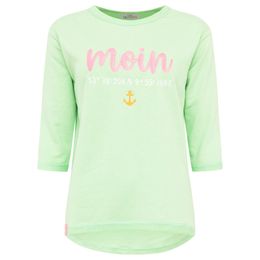 3/4-Arm-Shirt Zwillingsherz "Moin", Damen, Gr. S/M, gr&uuml;n (neongr&uuml;n), angeraute Sweatware, Obermaterial: 50% Baumwolle, 50% Polyester, Shirts 3/4-Arm-Shirt, mit Moin Stickerei und Anker, ausgefranste Kanten