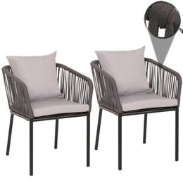 2er-Set Gartenstuhl MCW-N41, Outdoor Armlehne, wetterfest Aluminium Seilgeflecht Rope ~ anthrazit Kissen grau
