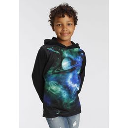 Kapuzenshirt Kidsworld "UNIVERSUM -Fotoprint", Jungen, Gr. 164/170, schwarz, Jersey, Obermaterial: 100% Baumwolle. Kapuzenfutter: 100% Baumwolle. Vorderteil: 100% Polyester, bedruckt, Basic, Shirts, Langarm, Basic-Passform, mit trendigem Druck, aus Jerseystoff