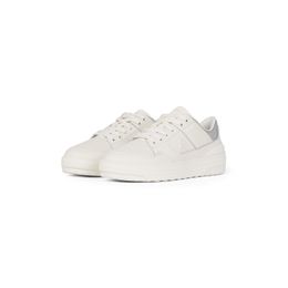 Plateausneaker Tommy Hilfiger "FEMININE BASKET SNEAKER", Damen, Gr. 40, weiß (ivory kombiniert), Leder, Sportlich, Schuhe, Schnürschuh, Halbschuh, Freizeitschuh mit gepolstertem Schaftrand