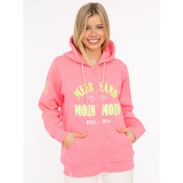 Sweatjacke Zwillingsherz ""Moin Moin"", Damen, Gr. SM, neonpink, angeraute Sweatware, Obermaterial: 50% Baumwolle, 50% Polyester, hüftbedeckend, ohne Ausschnitt, angesetztes Bündchen, Sweatjacken, Kapuze, Langarm, Reißverschluss, modisch, maritim, Kordelzug