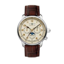 Zeppelin Quarzuhr »LZ 121 Méditarrenée Moonphase« Armbanduhr, Herrenuhr, Made in Germany, Lederarmband braun Stilvolle Herrenquarzuhr