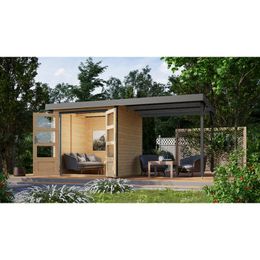 Karibu Gartenhaus &raquo;"Jupiter 2 A" SET naturbelassen-graualuminium mit Anbaudach 2,35 m&laquo; hochwertige Materialien: nordische Fichte, Stahlecken, Trapezblechdach