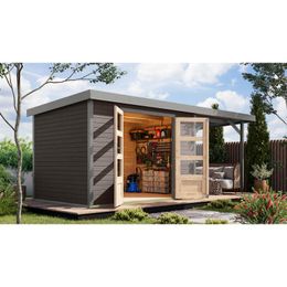 Karibu Gartenhaus »"Jupiter 4 B" SET terragrau, mit Anbaudach 2, 35 m breit« hochwertige Materialien: nordische Fichte, Stahlecken, Trapezblechdach...