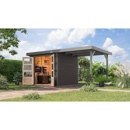 Karibu Gartenhaus »"Jupiter 3 B" SET terragrau, mit Anbaudach 2, 35 m breit« hochwertige Materialien: nordische Fichte, Stahlecken, Trapezblechdach...