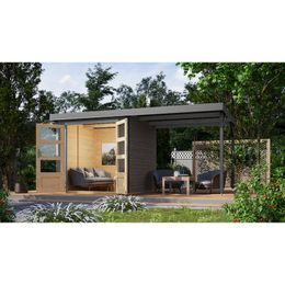 Karibu Gartenhaus »"Jupiter 2 B" SET terragrau-graualuminium mit Anbaudach 2, 35 m breit« hochwertige Materialien: nordische Fichte, Stahlecken,...