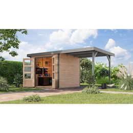 Karibu Gartenhaus &raquo;"Jupiter 3 A" SET naturbelassen, mit Anbaudach 2,35 m breit&laquo; hochwertige Materialien: nordische Fichte, Stahlecken, Trapezblechdach beige 