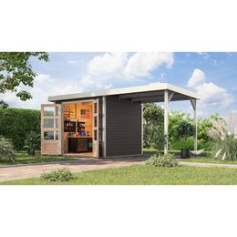 Karibu Gartenhaus »"Jupiter 3 B" SET terragrau, mit Anbaudach 2, 35 m breit« hochwertige Materialien: nordische Fichte, Stahlecken, Trapezblechdach...