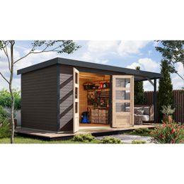 Karibu Gartenhaus »"Jupiter 4 B" SET terragrau, mit Anbaudach 2, 35 m breit« hochwertige Materialien: nordische Fichte, Stahlecken, Trapezblechdach...